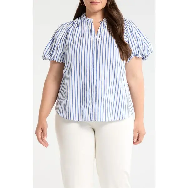 SUGARLIPS Striped Button Up Puff Sleeve Top - White-blue