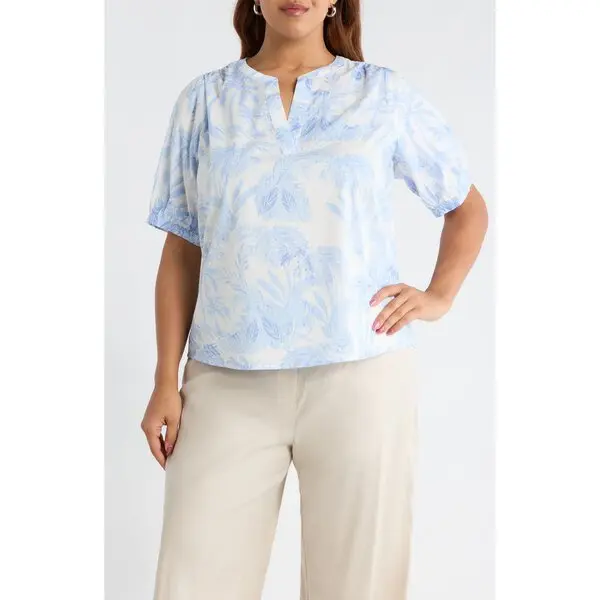 SUGARLIPS Poly Leaf Neli Puff Sleeve Cotton Top - Blues-wht-mul