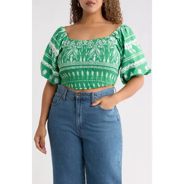 SUGARLIPS Bubble Sleeve Smocked Crop Top - Green-whte