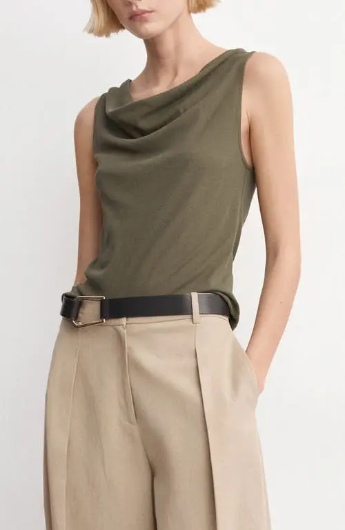 Mango Fitted Cowl Neck Sleeveless Cotton Top - Khaki Green