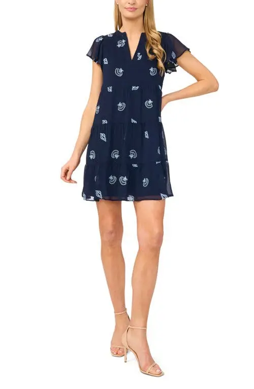 CECE DUPRAZ Embroidered Flutter Sleeve Mini Dress - Classic Navy