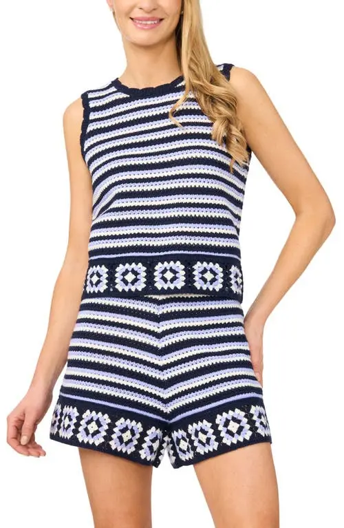 CECE DUPRAZ Stripe Crochet Scallop Neck Top - Classic Navy