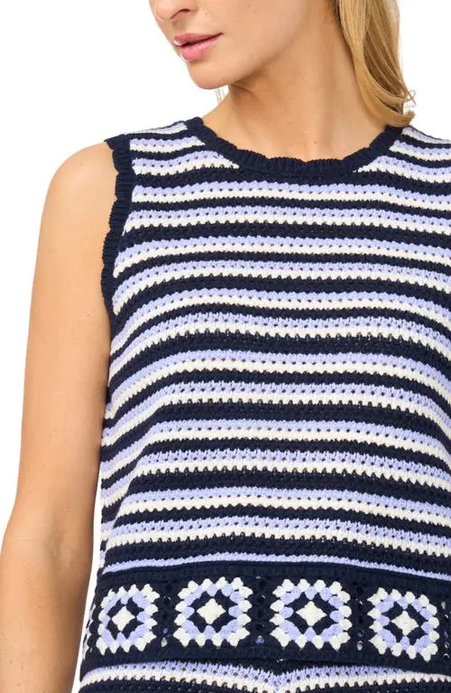 CECE DUPRAZ Striped Crochet Scallop Neck Top