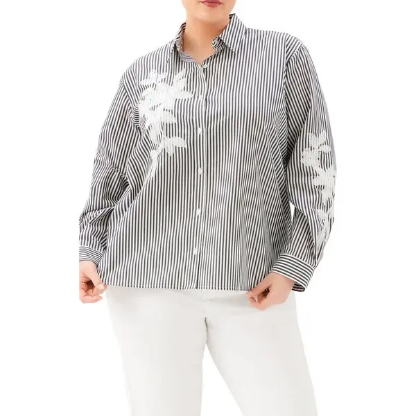 Karen Kane Stripe Embroidered Cotton Blend Button-up Shirt - Black W/off Whi