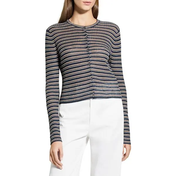 Theory Stripe Crop Linen Blend Cardigan - Nocturne Blue Multi