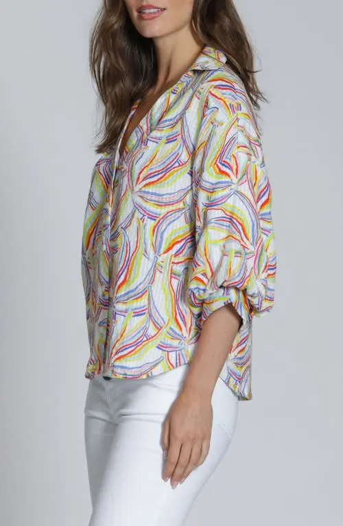 APNY Blouson Sleeve Cotton Blend Button-up Shirt - Blue Multi