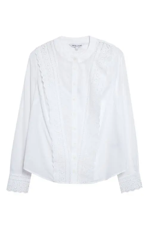 Veronica Beard Clermont Eyelet Ruffle Detail Cotton Blend Button-up Shirt - White