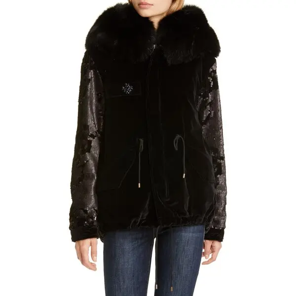 Mr & Mrs Italy Sequin Embellished Velvet Coat With Fox Fur Trim - Black
