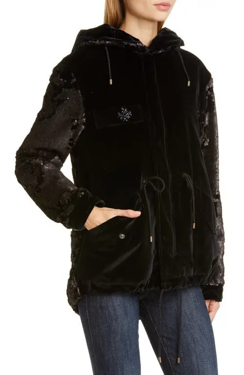 Mr & Mrs Italy Sequin Embellished Velvet Coat With Fox Fur Trim