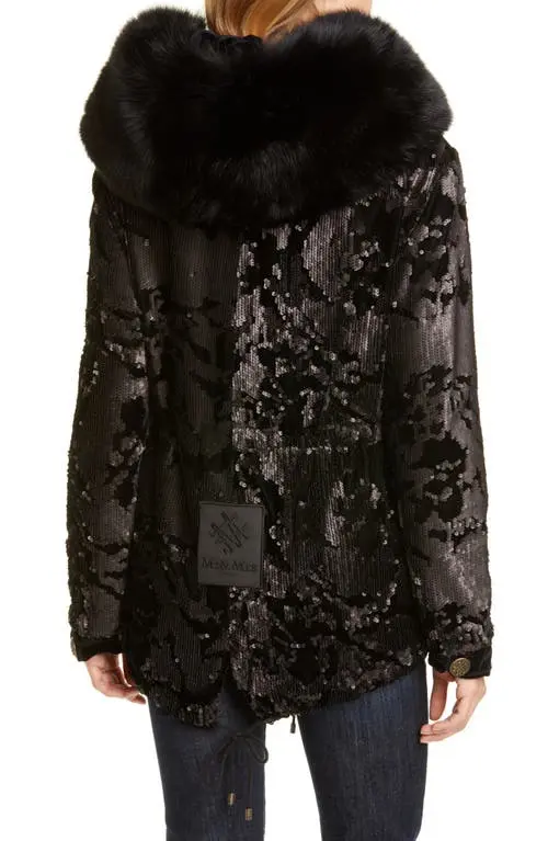 Mr & Mrs Italy Sequin Embellished Velvet Coat With Fox Fur Trim