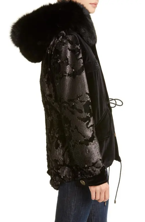 Mr & Mrs Italy Sequin Embellished Velvet Coat With Fox Fur Trim