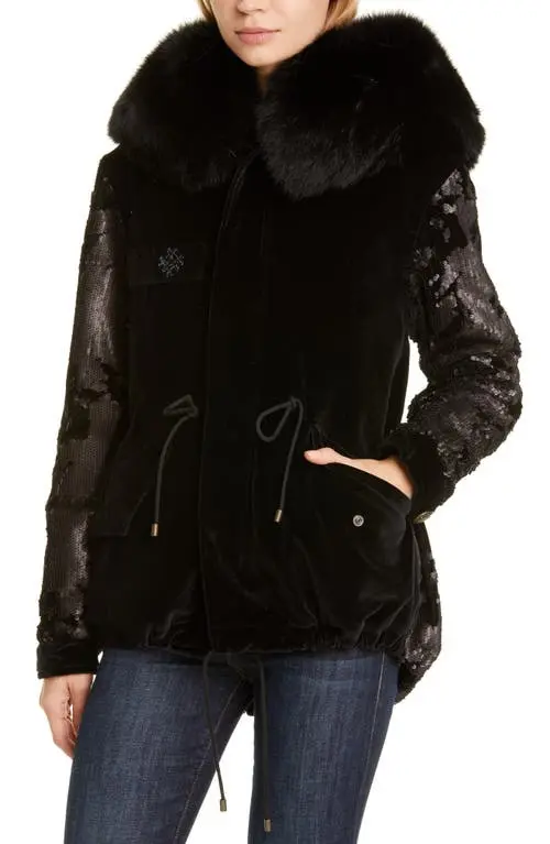 Mr & Mrs Italy Sequin Embellished Velvet Coat With Fox Fur Trim