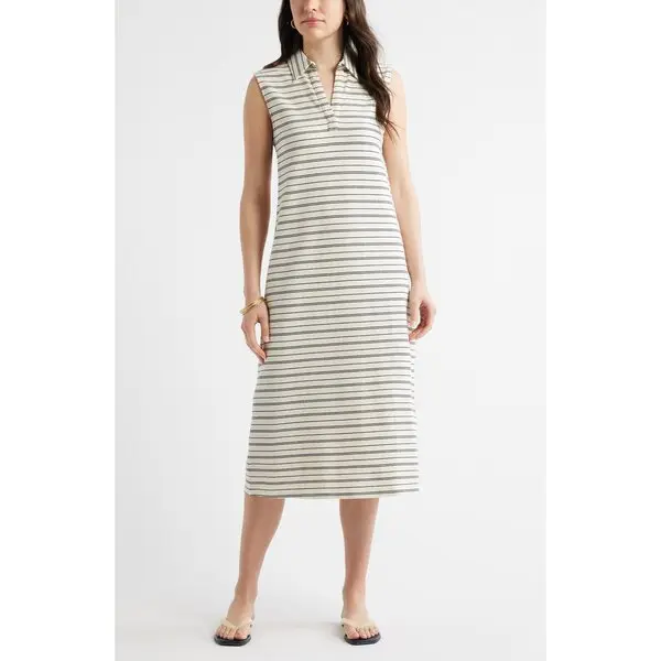 Caslon Jacquard Henley Midi Dress - Ivory- Navy Stripe