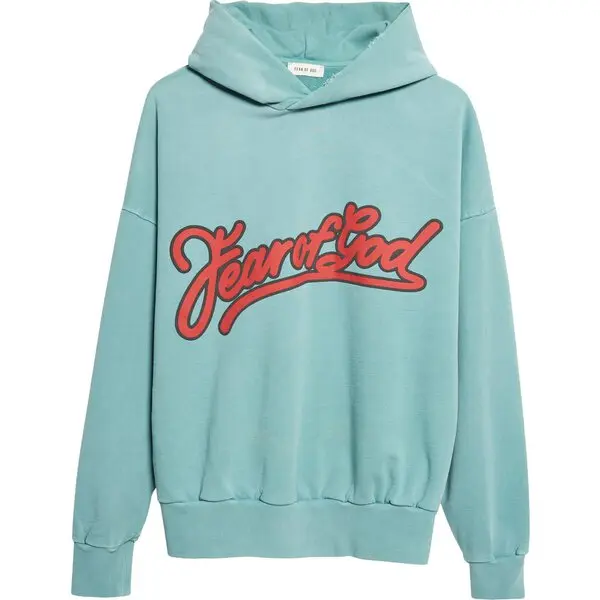 Fear Of God Classic Fit Fleece Logo Graphic Hoodie - Sky