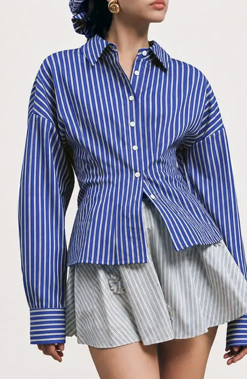 MAUDE CLUB Hadley Pleated Stripe Button-up Top