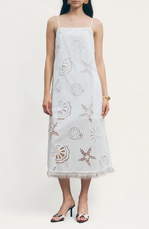 MAUDE CLUB Cotton Eyelet Fringe Trim Midi Dress - White