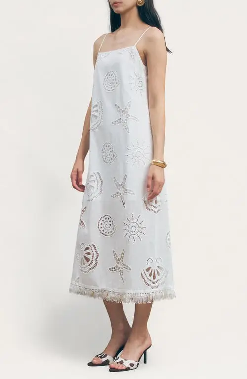 MAUDE CLUB Cotton Eyelet Fringe Trim Midi Dress