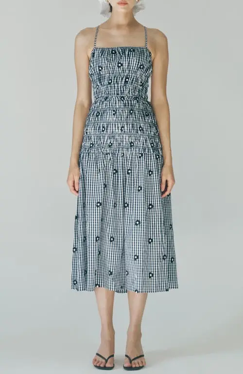 MAUDE CLUB Gingham Floral Embroidered Tiered Smocked Midi Dress - Navy Gingham