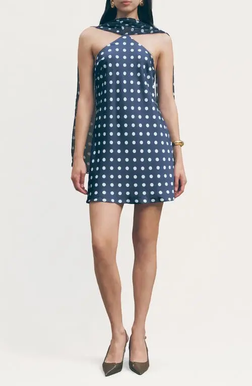 MAUDE CLUB Hendrix Polka Dot Halter Neck Minidress With Removable Scarf - Navy White Dots