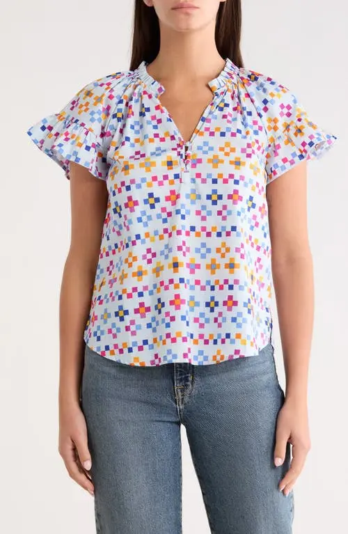 SUGARLIPS Kessa Geo Macy Ruffle Cotton Top - Light Blue Multi
