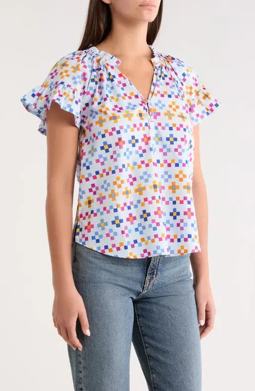 SUGARLIPS Kessa Geo Macy Ruffle Cotton Top - Light Blue Multi