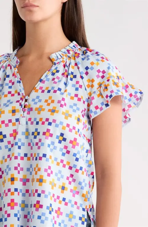 SUGARLIPS Kessa Geo Macy Ruffle Cotton Top - Light Blue Multi