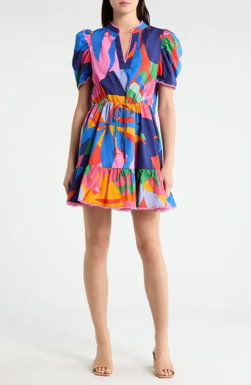 SUGARLIPS Chroma Lace Trim Puff Sleeve Cotton Dress - Red-blue-multi
