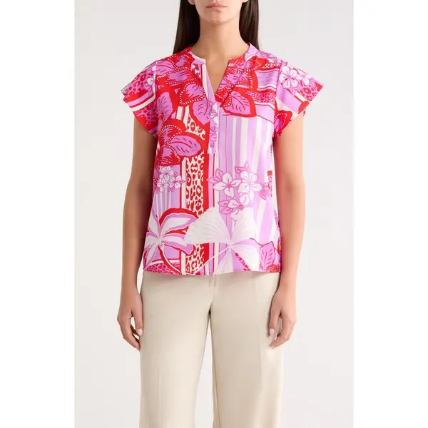 SUGARLIPS Tropical Flutter Sleeve Top - Red-white
