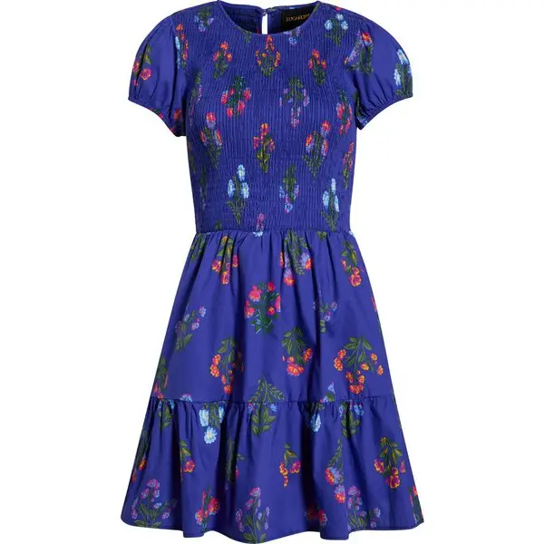 SUGARLIPS Floral Smocked Cotton Tiered Dress - Navy
