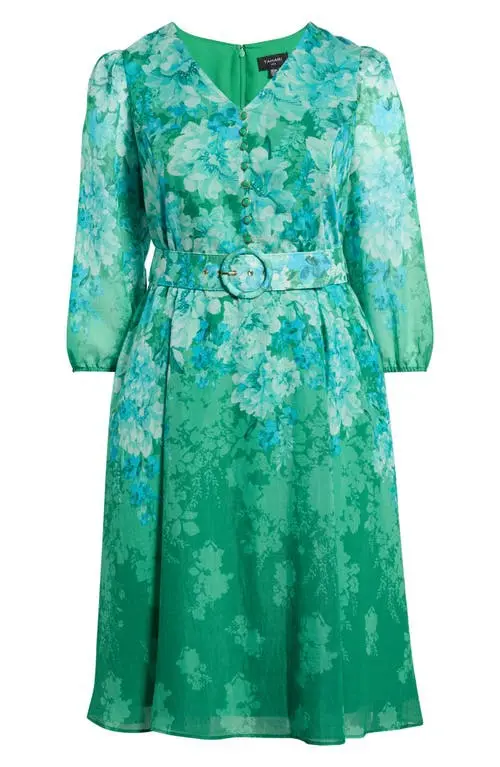 TAHARI ASL Long Sleeve Printed Midi Dress - Green