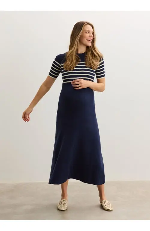 Hatch Collection The Kaitlyn Cotton Rib Maternity Dress - Navy/white Stripe