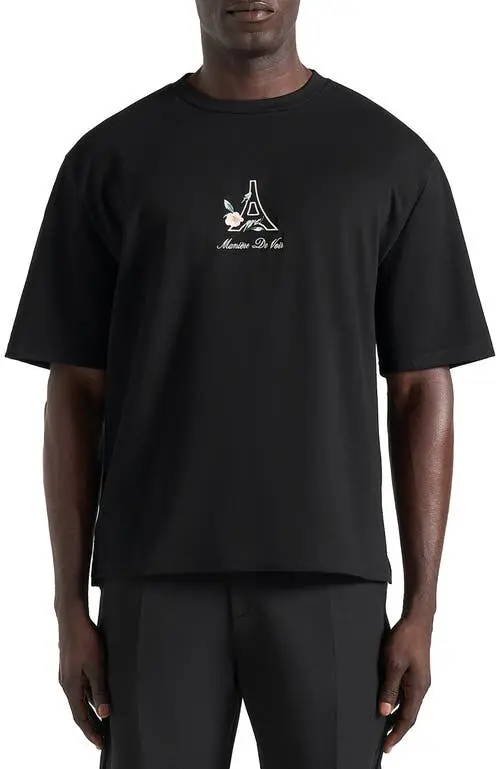 Manière De Voir Floral Eiffel Cotton T-shirt - Black