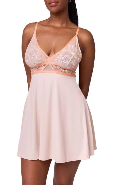 MONTELLE INTIMATES Tangerine Dream Embroidered Sheer Mesh & Microfiber Chemise & G-string Set - Champagne/tangerine