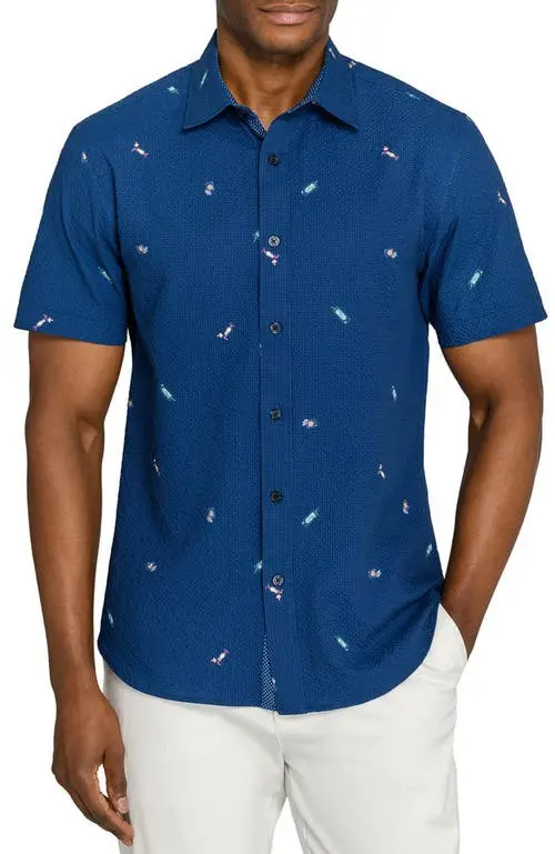 CON.STRUCT Slim Fit Tropical Drinks Woven Short Sleeve Seersucker - Navy/green