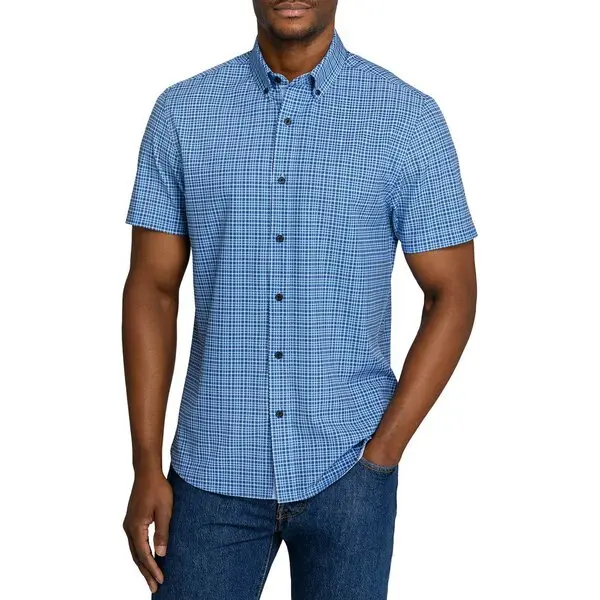CON.STRUCT Slim Fit Houndstooth Plaid Woven Short Sleeve Basic Shirt - Light Blue/navy