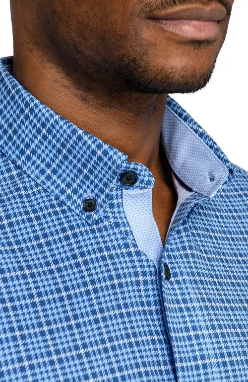 CON.STRUCT Slim Fit Houndstooth Plaid Woven Short Sleeve Basic Shirt - Light Blue/navy