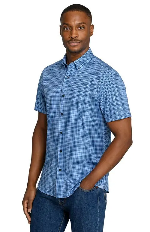 CON.STRUCT Slim Fit Houndstooth Plaid Woven Short Sleeve Basic Shirt - Light Blue/navy