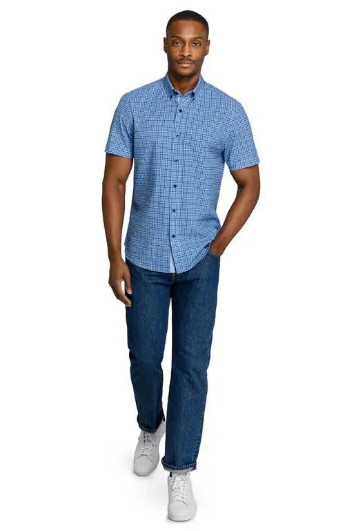 CON.STRUCT Slim Fit Houndstooth Plaid Woven Short Sleeve Basic Shirt - Light Blue/navy