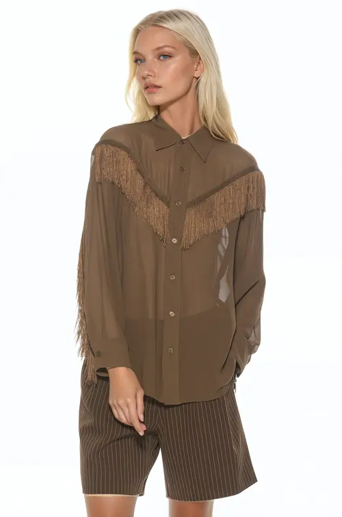 ALEXIA ADMOR Kairos Oversized Fringe Shirt - Brown