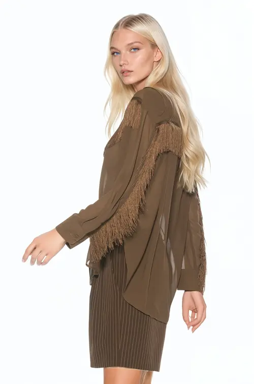 ALEXIA ADMOR Kairos Oversized Fringe Shirt - Brown