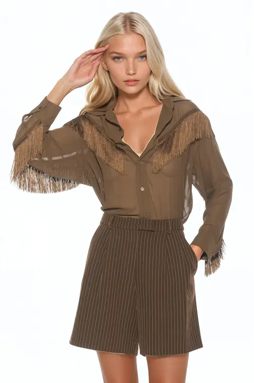 ALEXIA ADMOR Kairos Oversized Fringe Shirt - Brown
