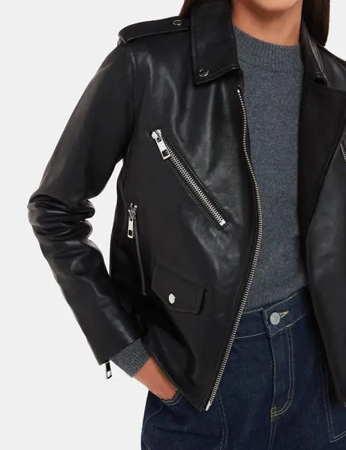 Whistles Agnes Leather Biker Jacket - Black