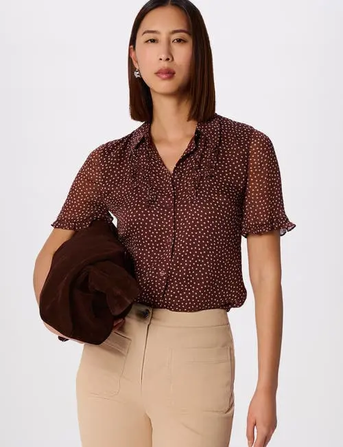 Whistles Polka Dot Sheer Sleeve Shirt - Brwn/multi
