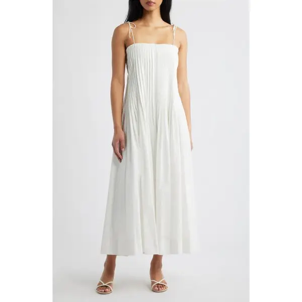 Moon River Pleat Detail Cotton Midi Dress - Off White
