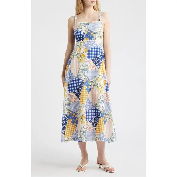 Moon River Patchwork Print Cotton Midi Dress