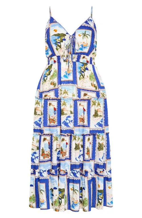 City Chic Printed Tiered Maxi Sundress - Blue Postcard