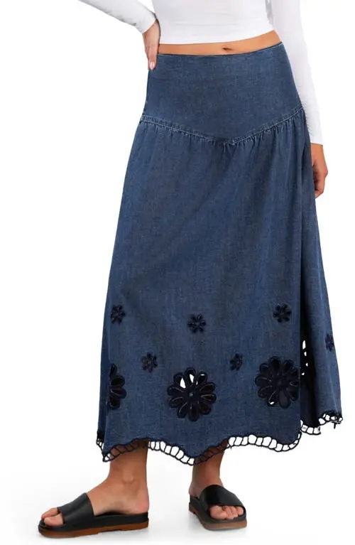 WASH LAB DENIM Camellia Floral Cutout Denim Maxi Skirt - Petal Denim