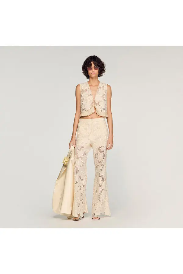 Sandro Floral Guipure Lace Crop Top - Neutral / White