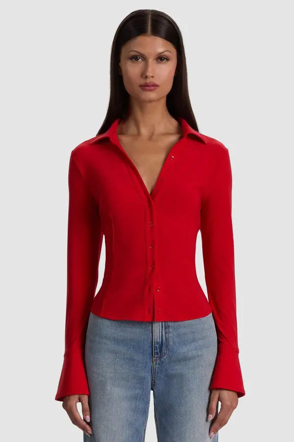 Alice + Olivia Freya Button Down Top - Red