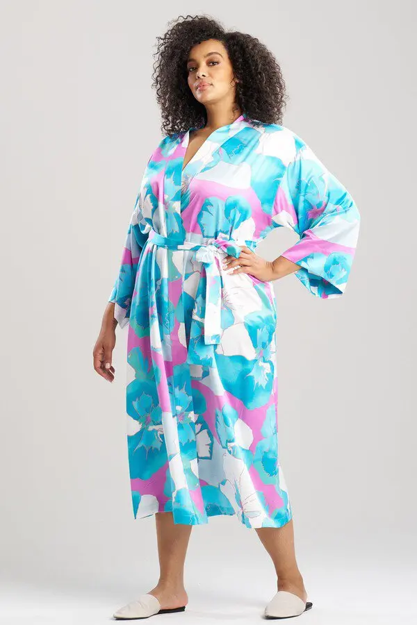 Natori Floria Printed Satin Robe - Blue